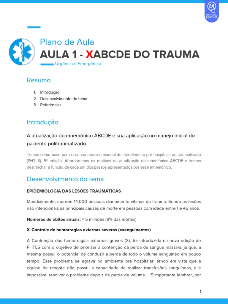 Aula 1 - XABCDE Do Trauma | PDF | Sangramento | Oxigênio