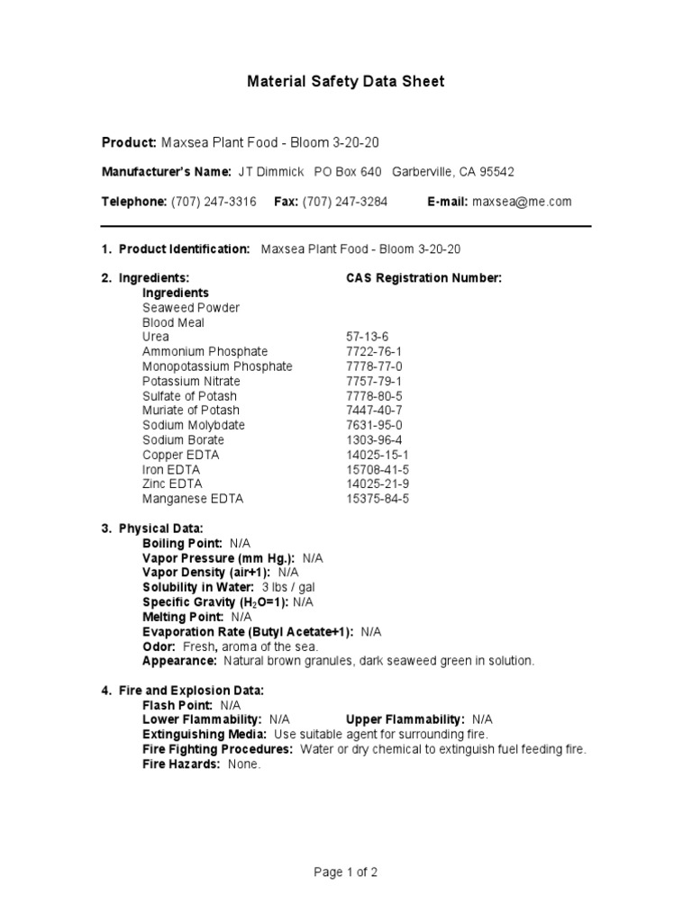 Maxsea Bloom Plant Food - MSDS PDF | PDF | Potassium | Diet & Nutrition