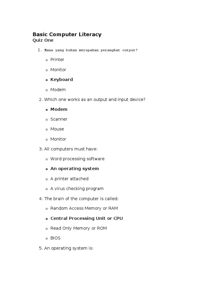 Basic Computer Literacy: Quiz One | PDF | Random Access Memory | Read Only Memory