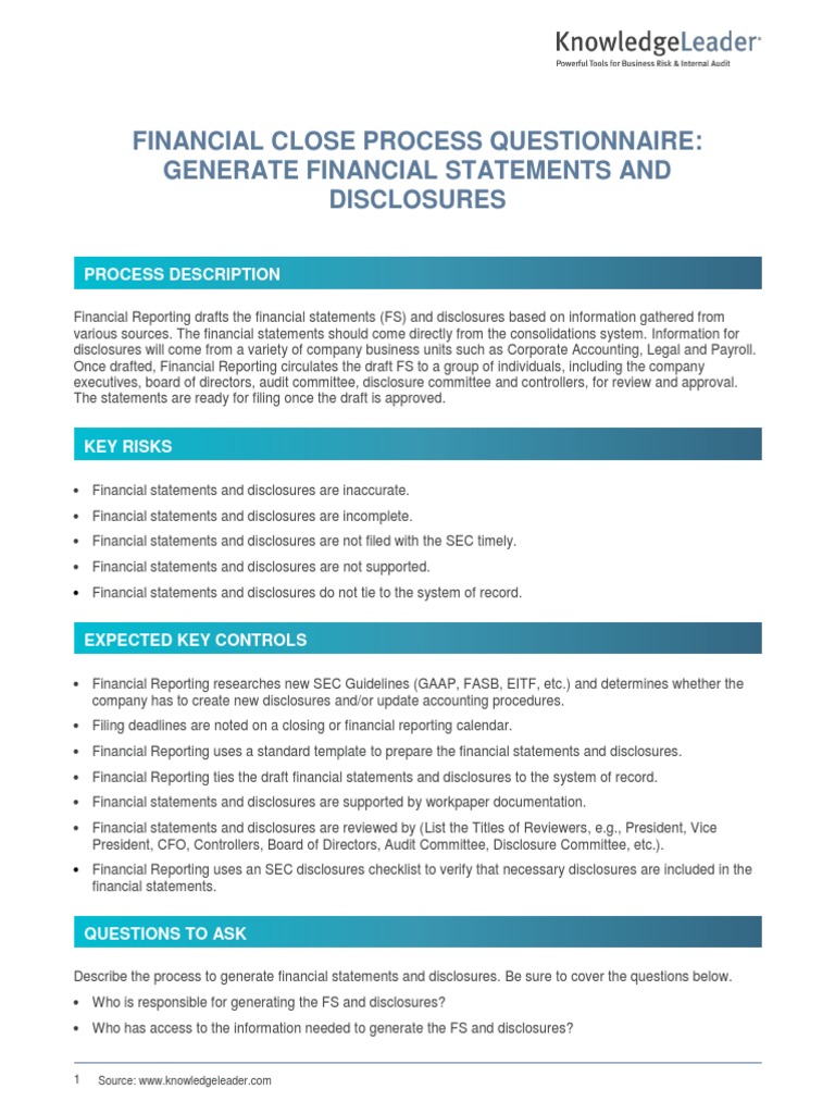 Financial Close Process Questionnaire - Generate Financial Statements ...