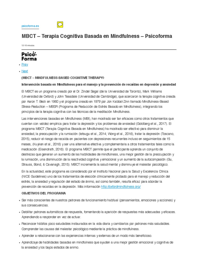 MBCT - Terapia Cognitiva Basada en Mindfulness - Psicoforma | PDF | Depresión (estado de ánimo ...