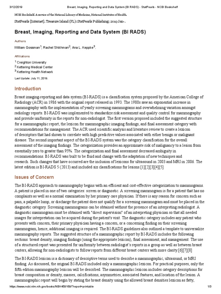 Breast, Imaging, Reporting and Data System (BI RADS) - StatPearls ...