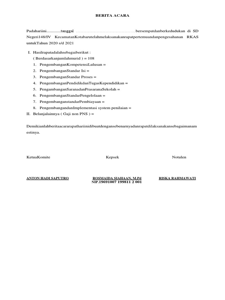 Berita Acara Rkas 2020 | PDF