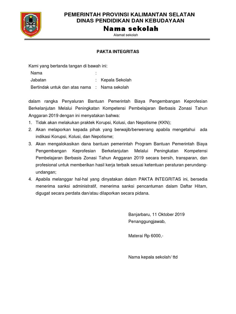 Contoh PAKTA INTEGRITAS | PDF