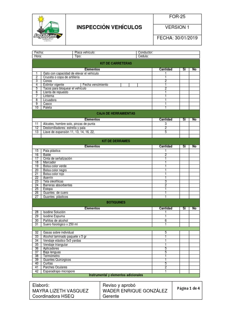 FOR-25 Formato Inspeccion Mensual Vehiculos | PDF | Vehículo de motor ...