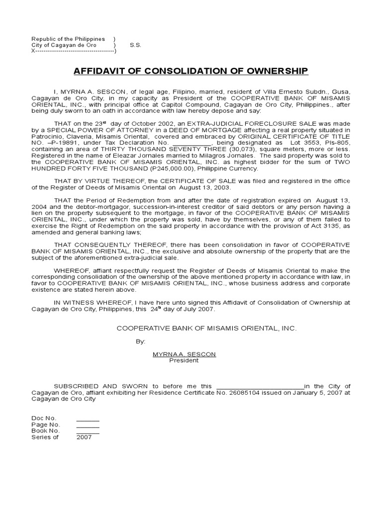 Affidavit of Consolidation | PDF | Mortgage Law | Private Law