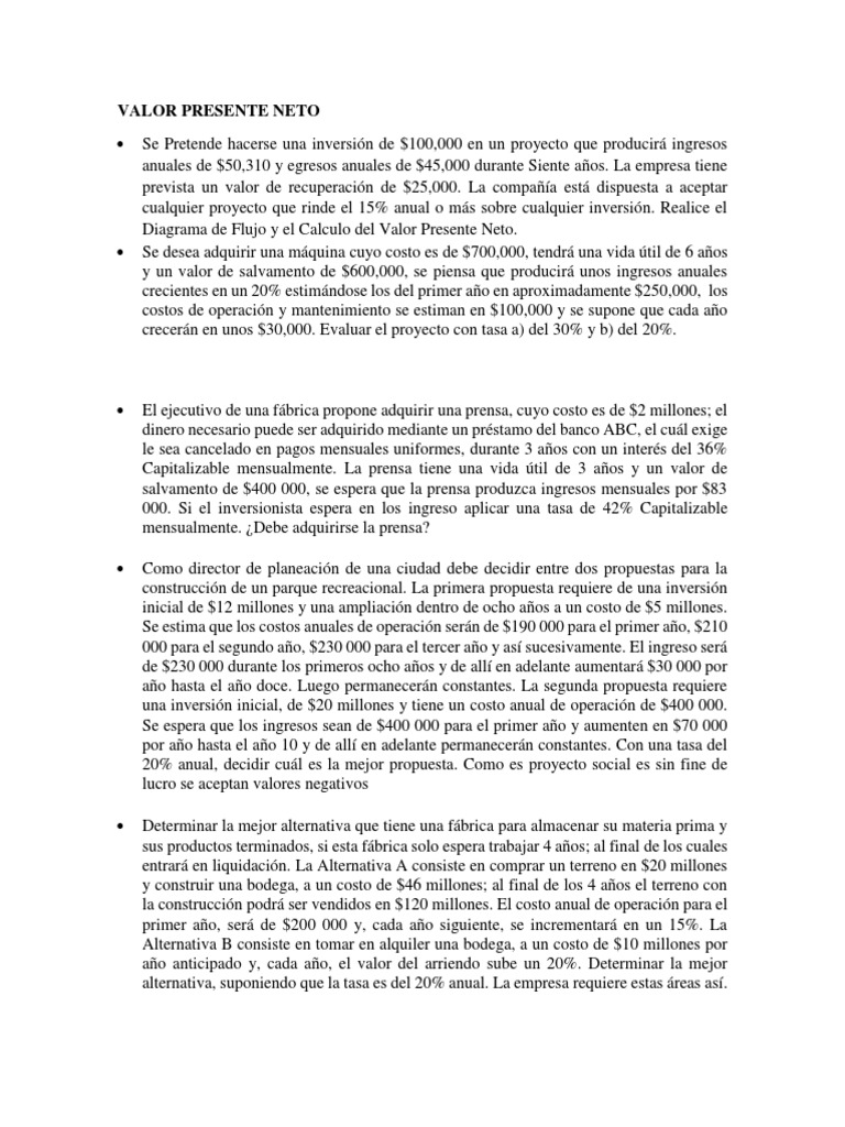 Guia de Ejercicios VPN y TIR | PDF | Valor presente neto | Economias