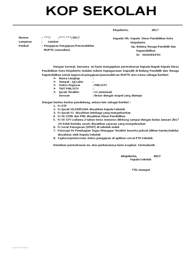 Surat Pengajuan Approval NUPTK | PDF