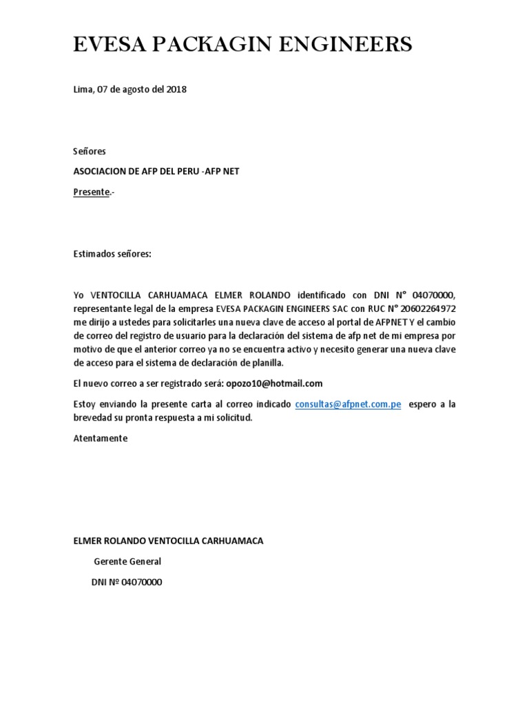 Carta de Afp Net - EVESA PACKAGIN ENGINEERS SAC | PDF