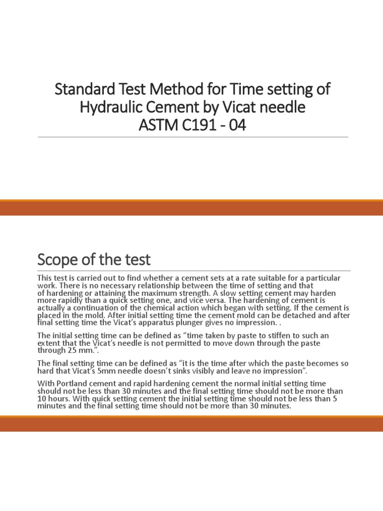 Time Setting of Hydraulic Cement by Vicat Needle | PDF | Cement ...