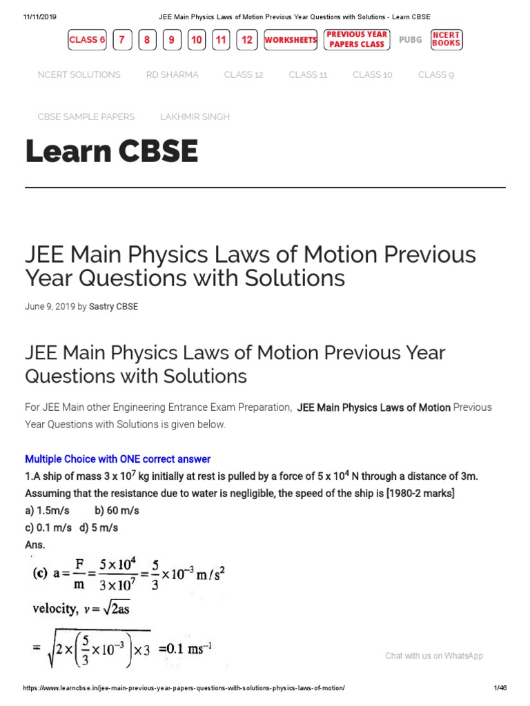 JEE Main Physics Laws of Motion Previous Year Questions With Solutions ...