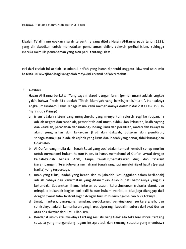 Resume Risalah Ta’alim Hasan Al-Banna | PDF | Agama & Spiritualitas