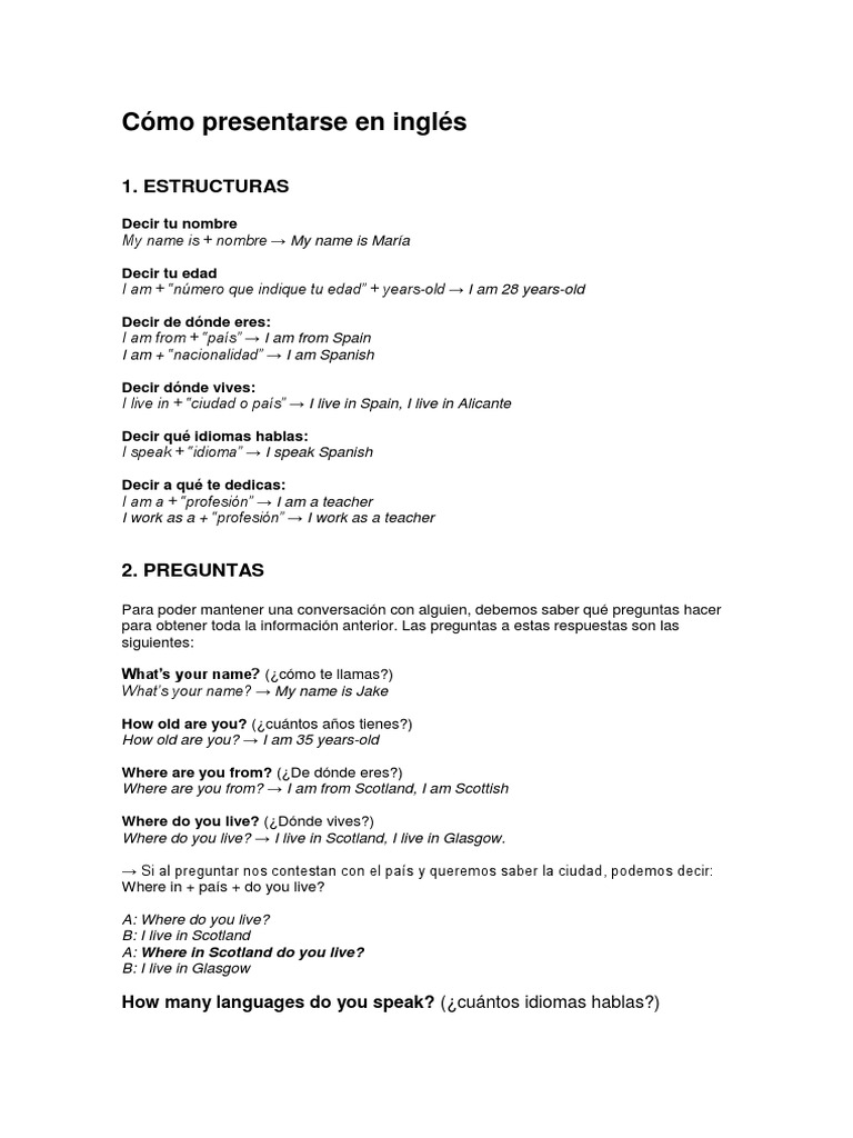 Cómo presentarse en inglés | PDF | Sustantivo | Preposición y Postposición