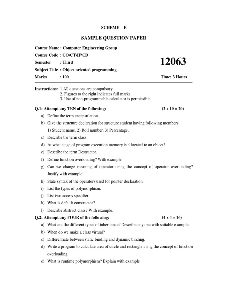 Sample Question Paper Object Oriented Programming 12063 Pdf Class Computer Programming