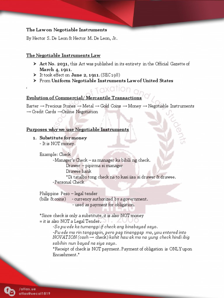 Law On Negotiable Instruments Reviewer Pdf Negotiable Instrument