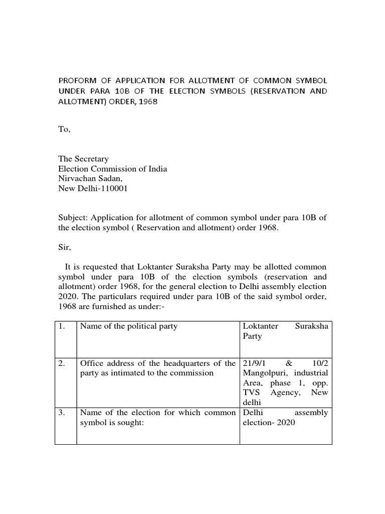 Proform of Application For Allotment of Common Symbol Under para 10B of ...