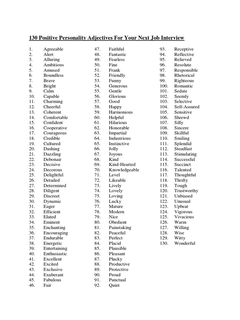 130 Positive Personality Adjectives For Your Next Job Interview | PDF