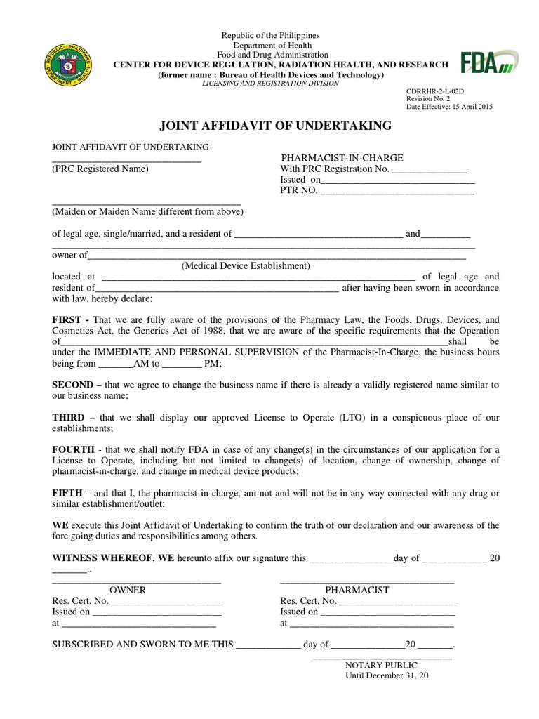 Joint Affidavit of Undertaking | PDF | Food And Drug Administration | Pharmacy
