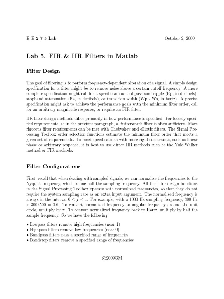 Lab 5. FIR & IIR Filters in Matlab: Filter Design | PDF | Low Pass Filter | Filter (Signal ...