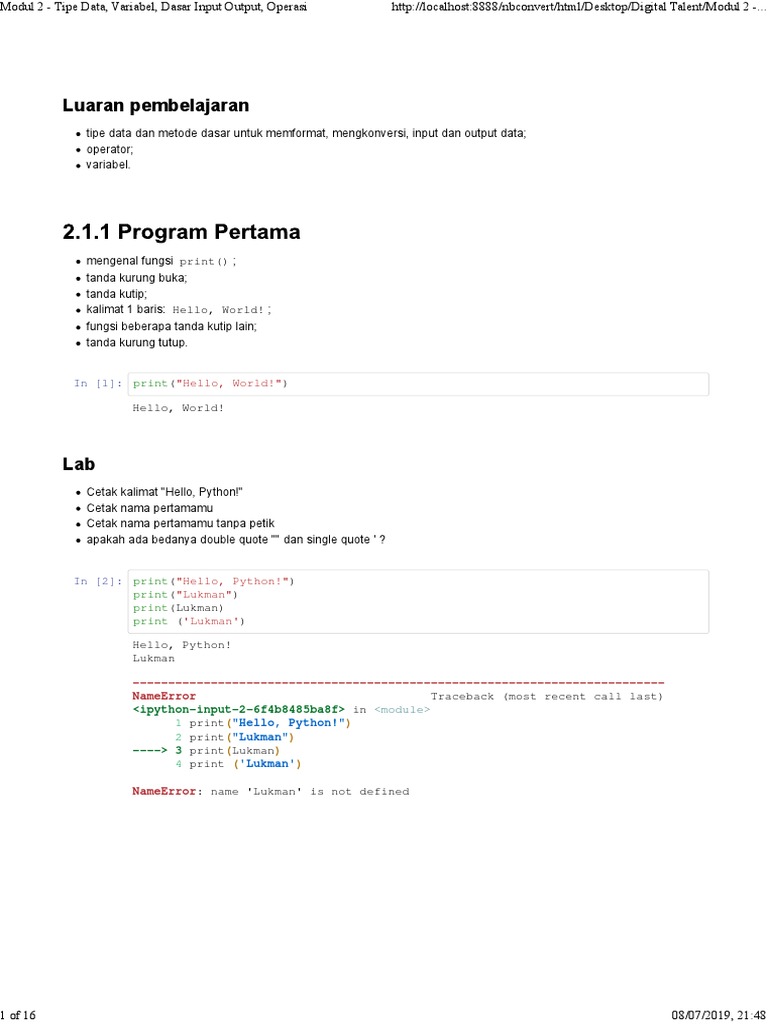 Modul 2 - Tipe Data, Variabel, Dasar Input Output, Operasi | PDF ...
