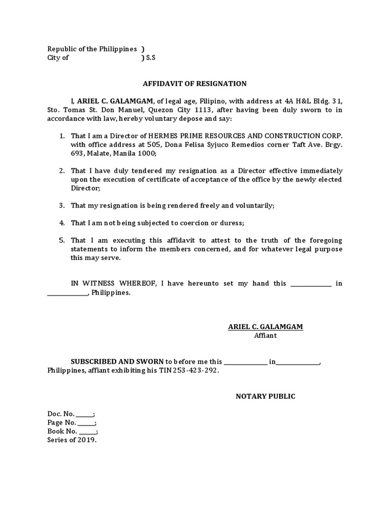 Affidavit of Resignation - Ariel Galamgam | PDF