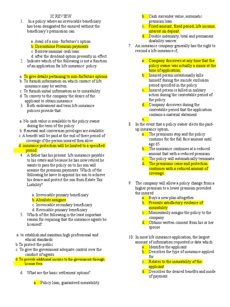 IC EXAM REVIEWER (Updated) With Answer XD | PDF | Life Insurance ...