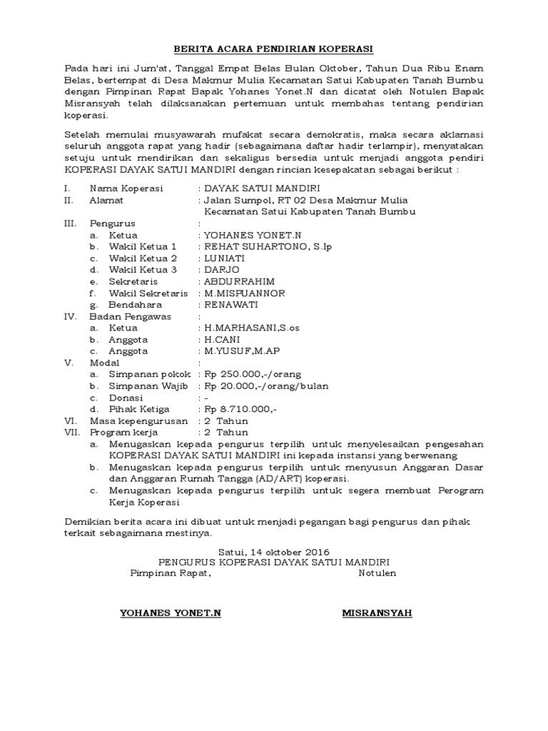 Berita Acara Pendirian Koperasi | PDF