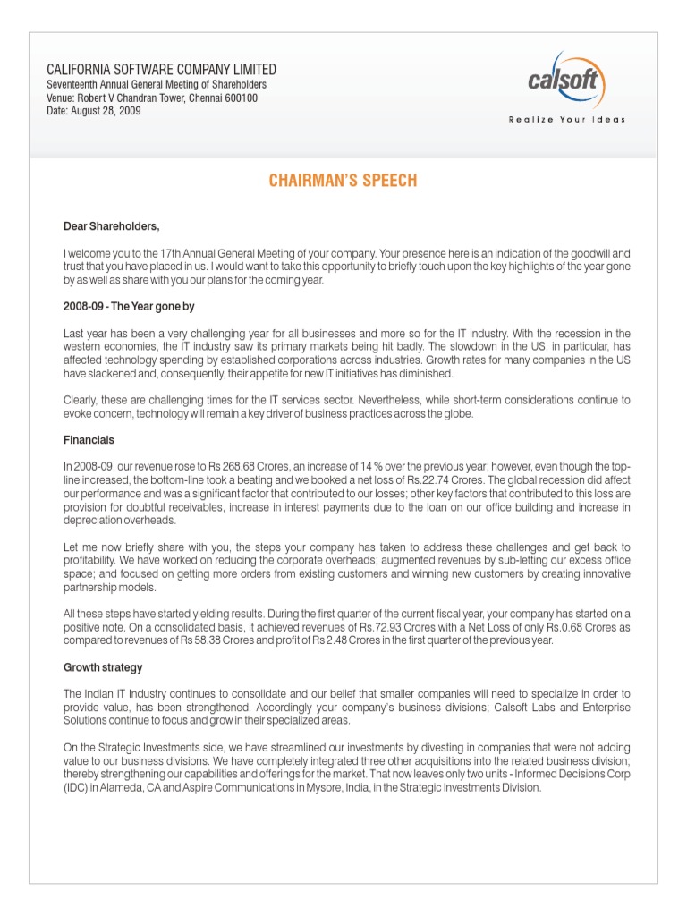 Chairman Speech | PDF | Joint Venture | Mergers And Acquisitions