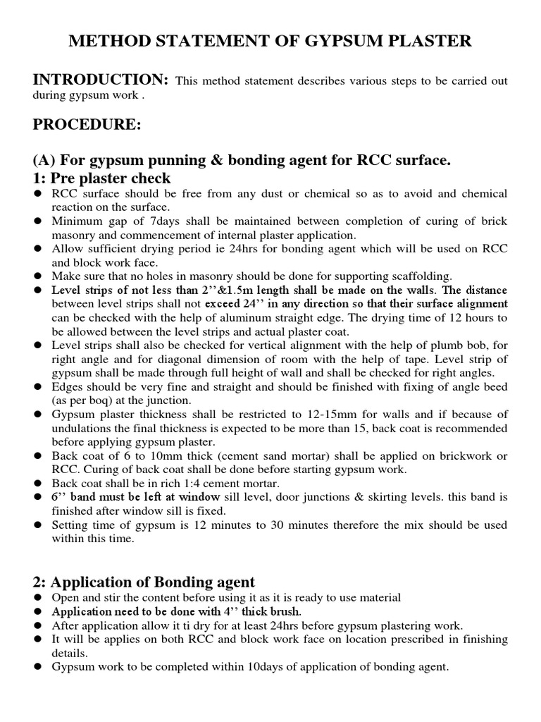 Gypsum Plaster Method Statement | Download Free PDF | Plaster ...