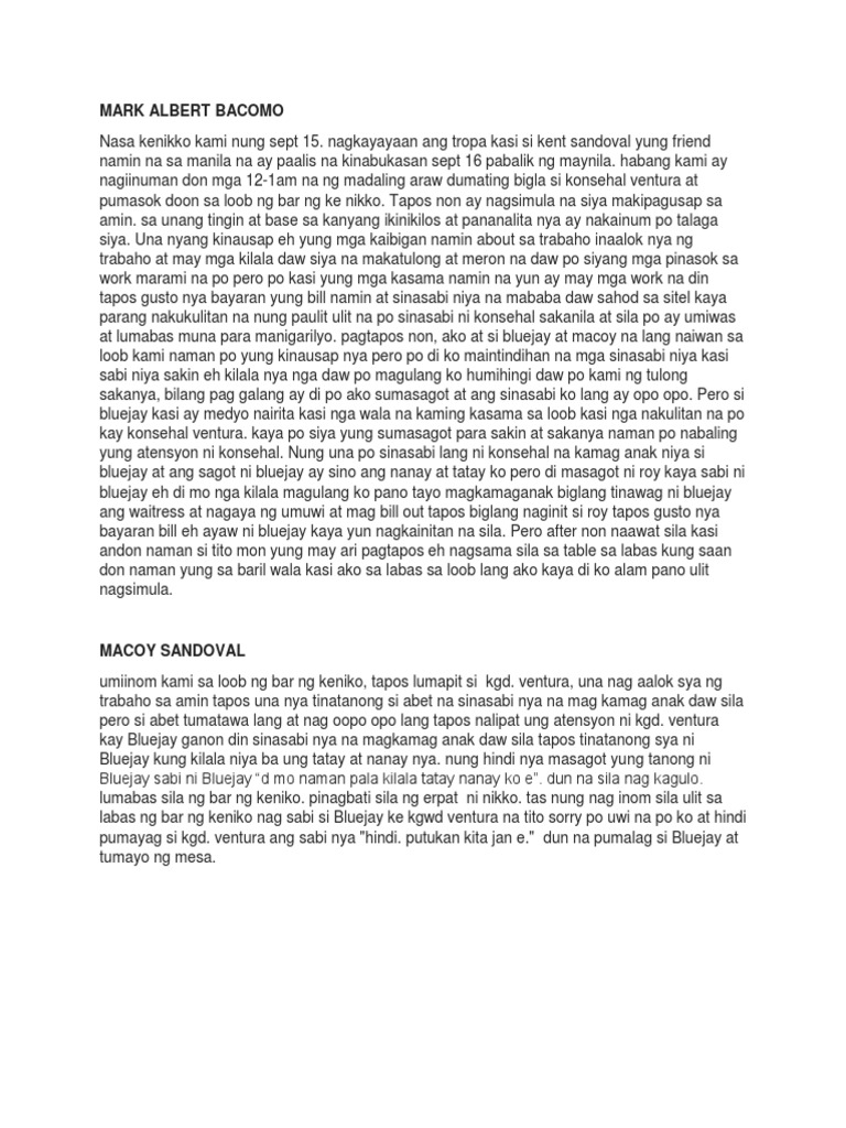 Mark Albert Bacomo - Macoy Sandoval - Statement | PDF