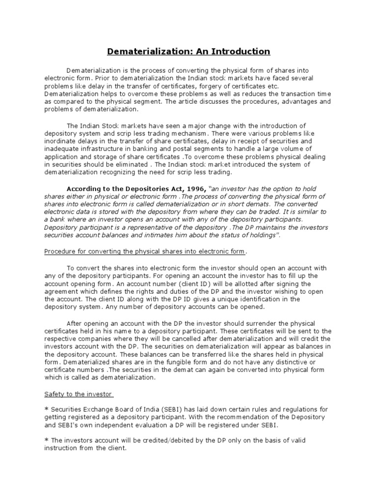 Dematerialization: An Introduction | PDF | Financial Markets | Economic ...