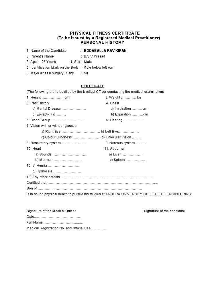 Physical Fitness Certificate | PDF | Medical Specialties | Clinical Medicine