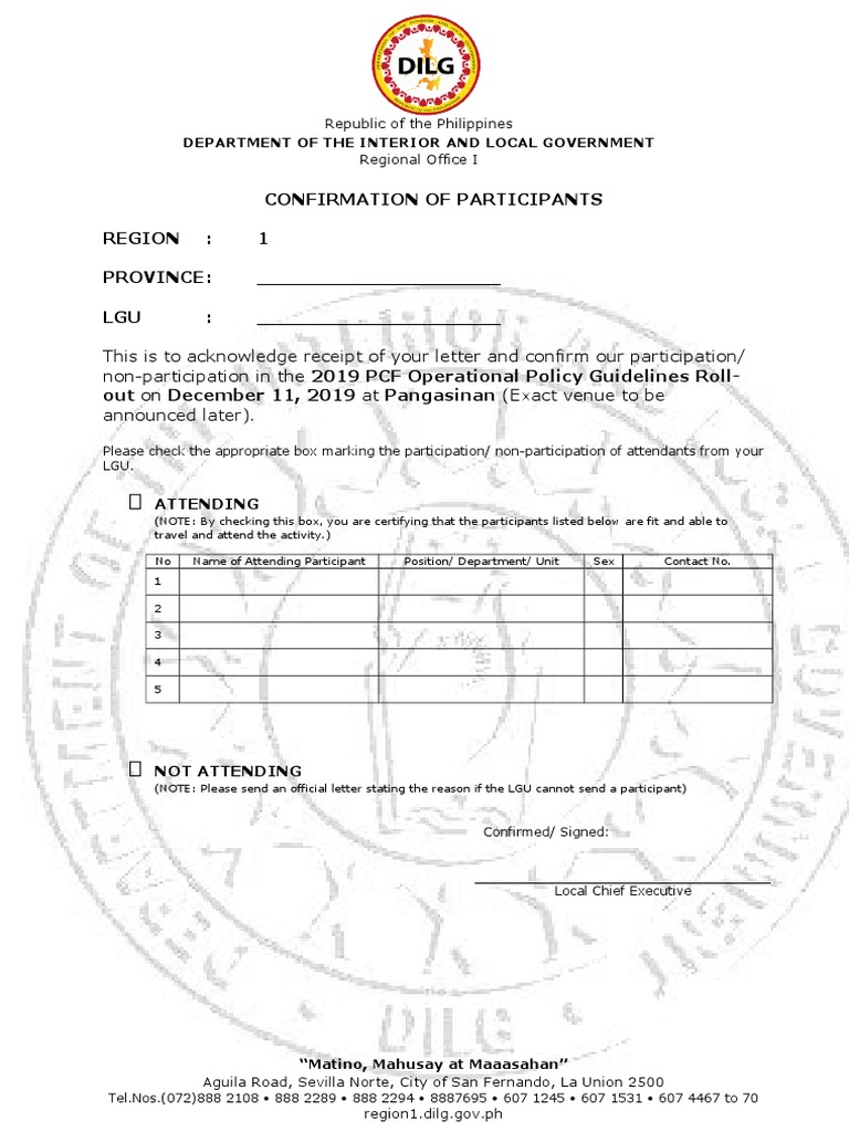 Confirmation Sheet PCF Roll Out 2019 | PDF