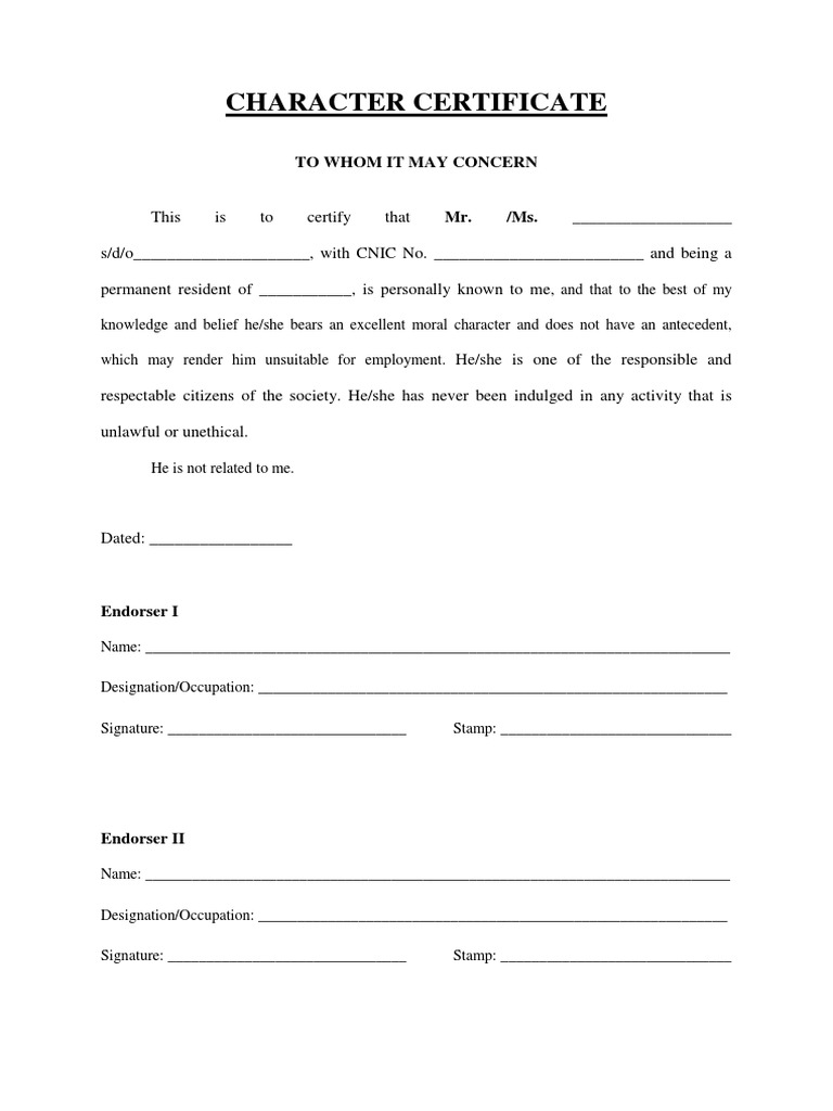 Character Certificate From Two Responsible Persons For KPPSC | PDF