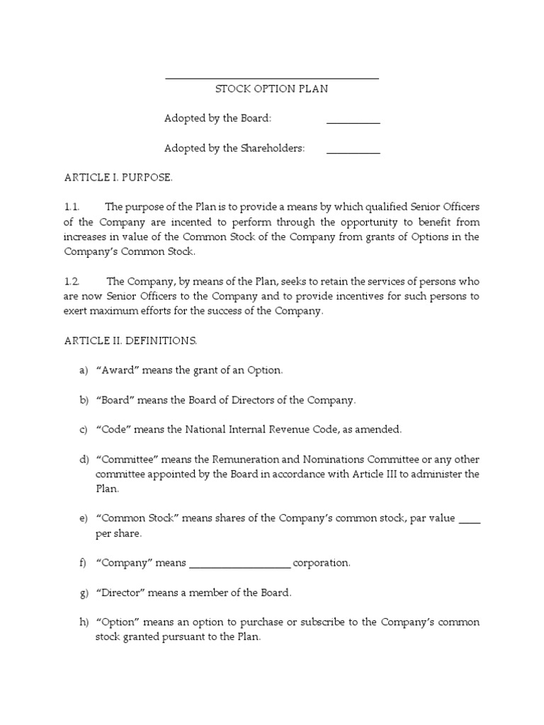 Stock Option Plan Template | PDF | Stocks | Board Of Directors