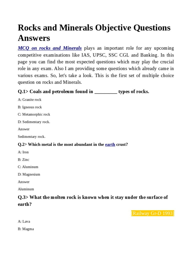 Rocks-Minerals Mcqs | PDF | Weathering | Rock (Geology)