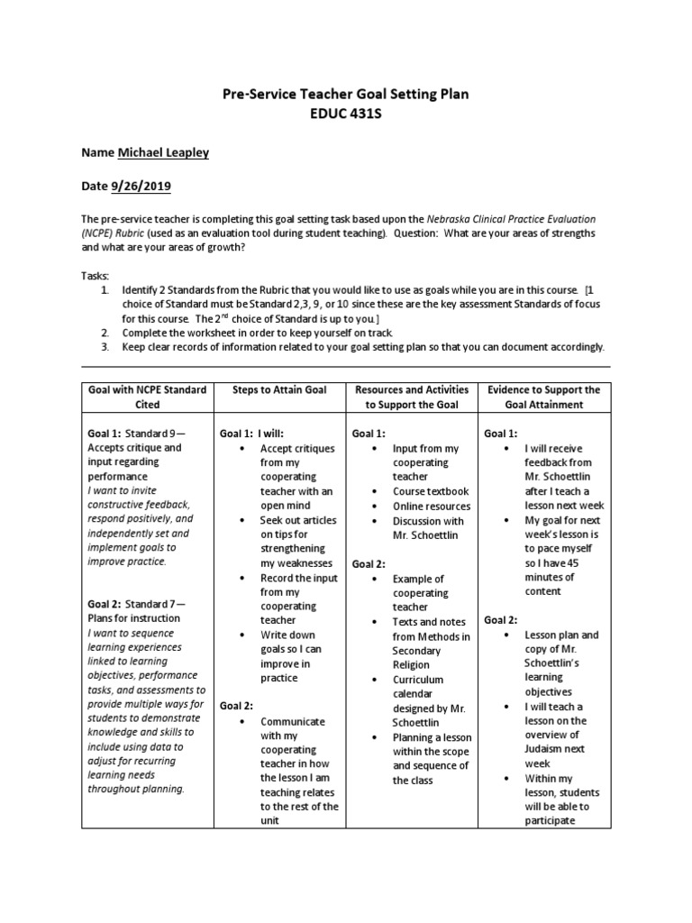 Pre-Service Teacher Goal Setting Plan | PDF | Teachers | Educational ...