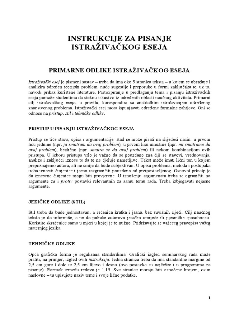Instrukcije Za Pisanje Istrazivackog Eseja | PDF