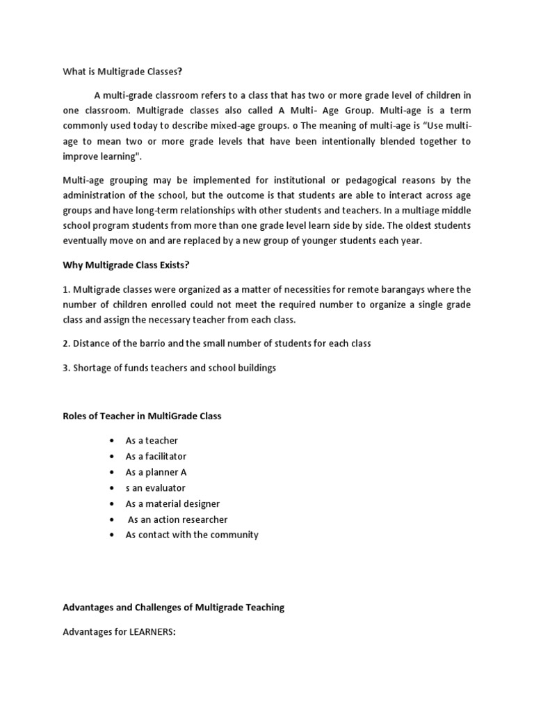 Multi Grade Class | PDF | Teachers | Curriculum