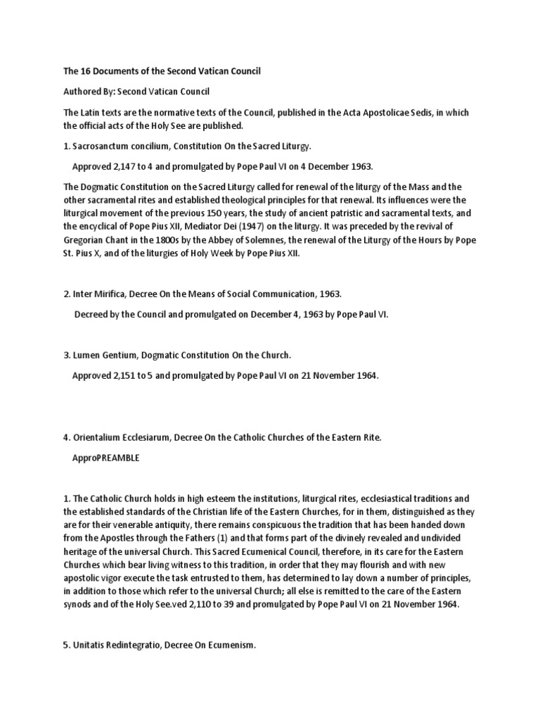 Summary of Vatican II Documents | PDF | Second Vatican Council ...
