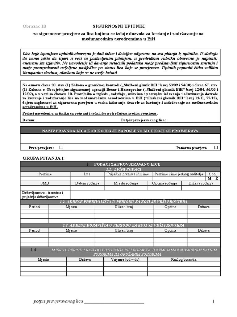 Obrazac 10 Sigurnosni Upitnik - Bosanski | PDF