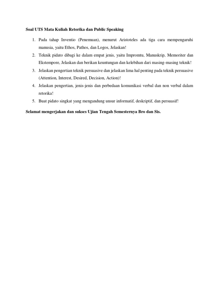 Soal Uts Retorika Dan Public Speaking PDF | PDF | Karier & Perkembangan