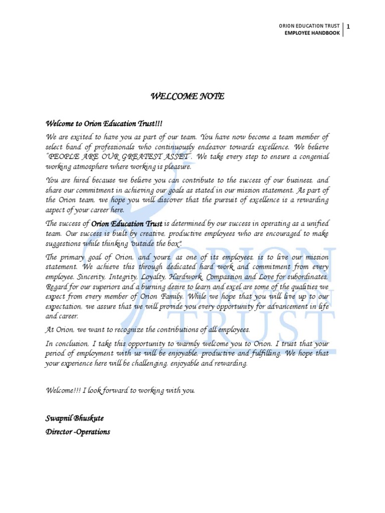 Welcome Note: Employee Handbook | PDF | Human Resources | Employment