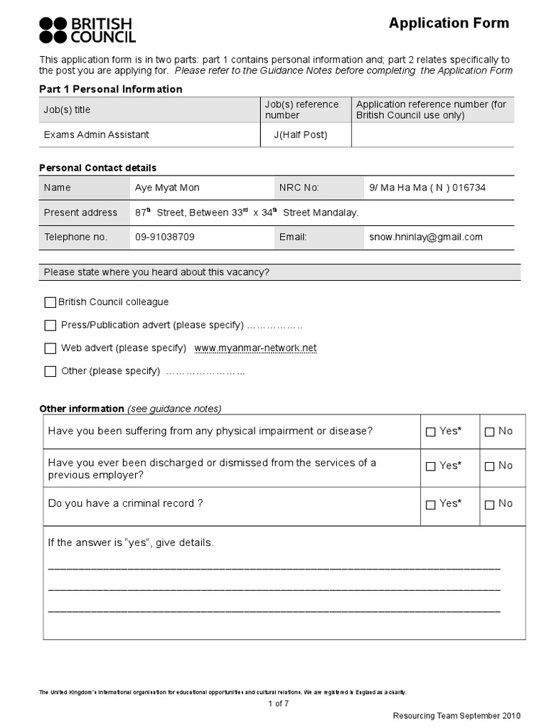 External Application Form - British Council Actual | PDF | Disability ...