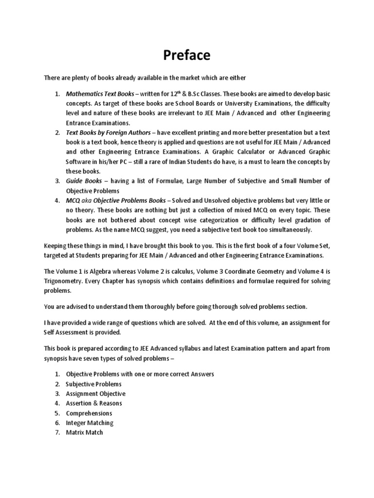 JEE Math Book Preface Explains 7 Problem Types | PDF | Multiple Choice ...