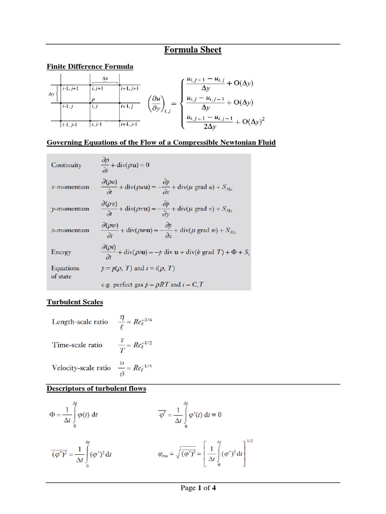 Formula Sheet of CFD | PDF