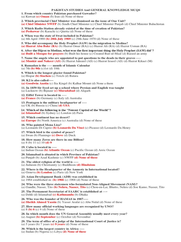 Pakistan Studies MCQs for General Knowledge | PDF | Indus River | Pakistan