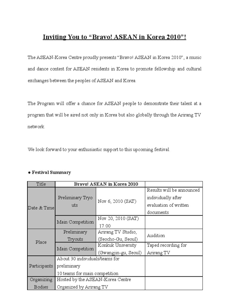Bravo ASEAN in 2010 Invitation | PDF | Entertainment | Leisure
