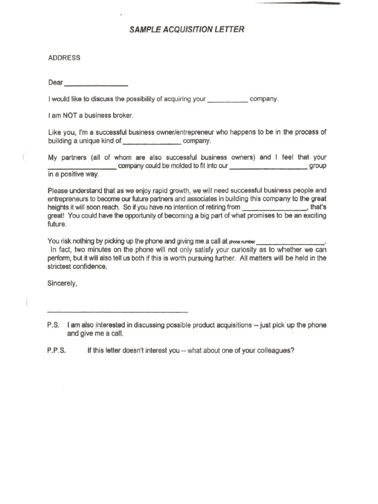 Sample Acquisition Letter