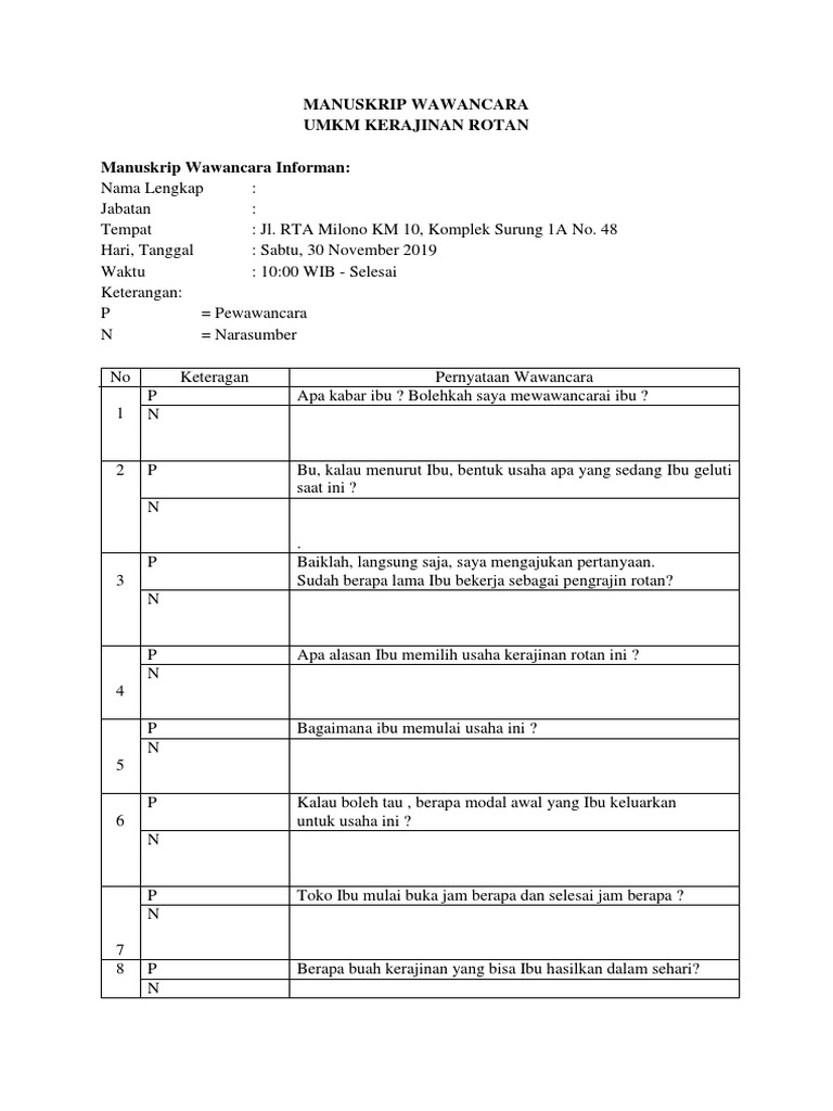 Contoh Manuskrip Wawancara Kelompok 7 Kerajinan Rotan | PDF